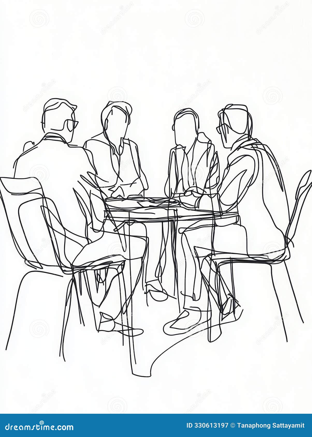 A Minimalist Line Drawing of Four People Seated Around a Table ...