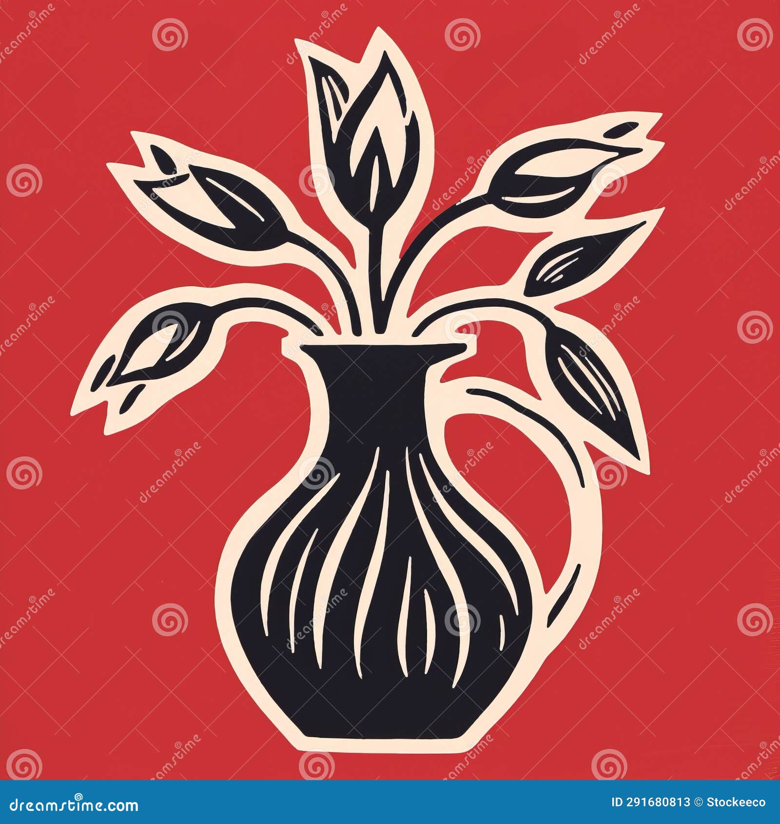 Elegant Linocut Print: Flowers in Vase on Red with Gothic Illustration ...
