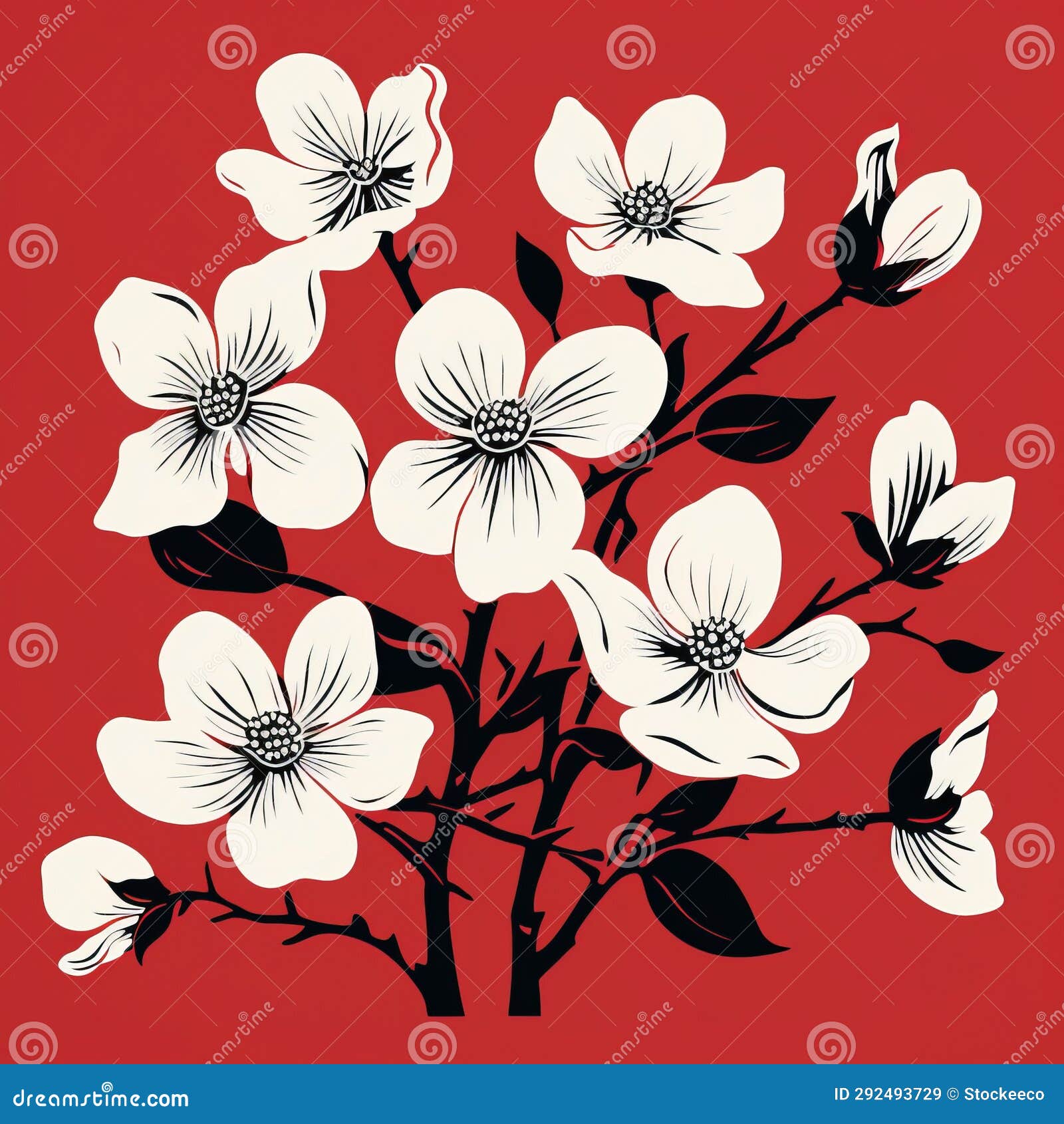 Bold Graphic Design: White Dogwood Plant on Red Background Stock ...