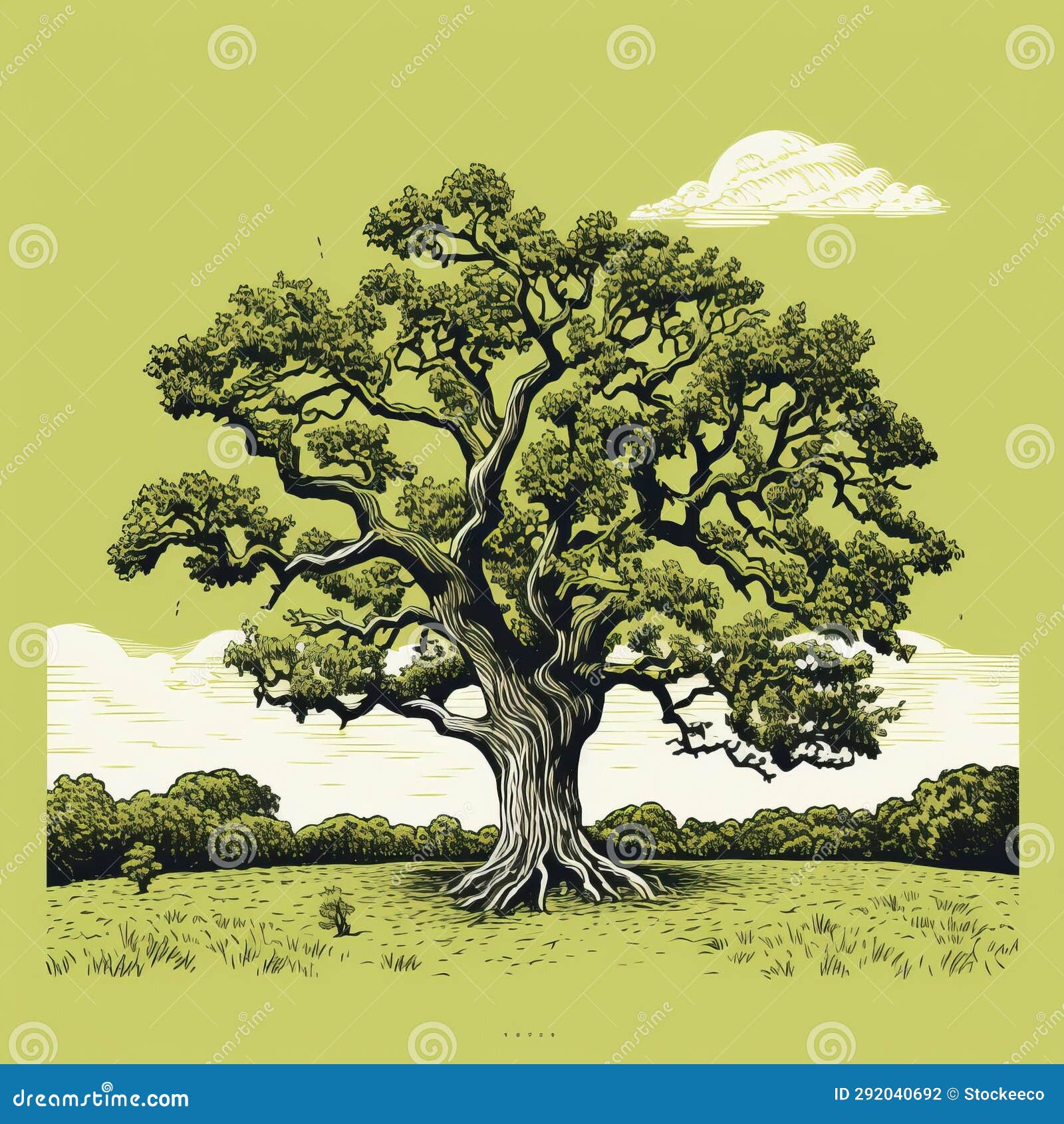 Vintage Poster Style Oak Tree Illustration with Hyper-detailed ...