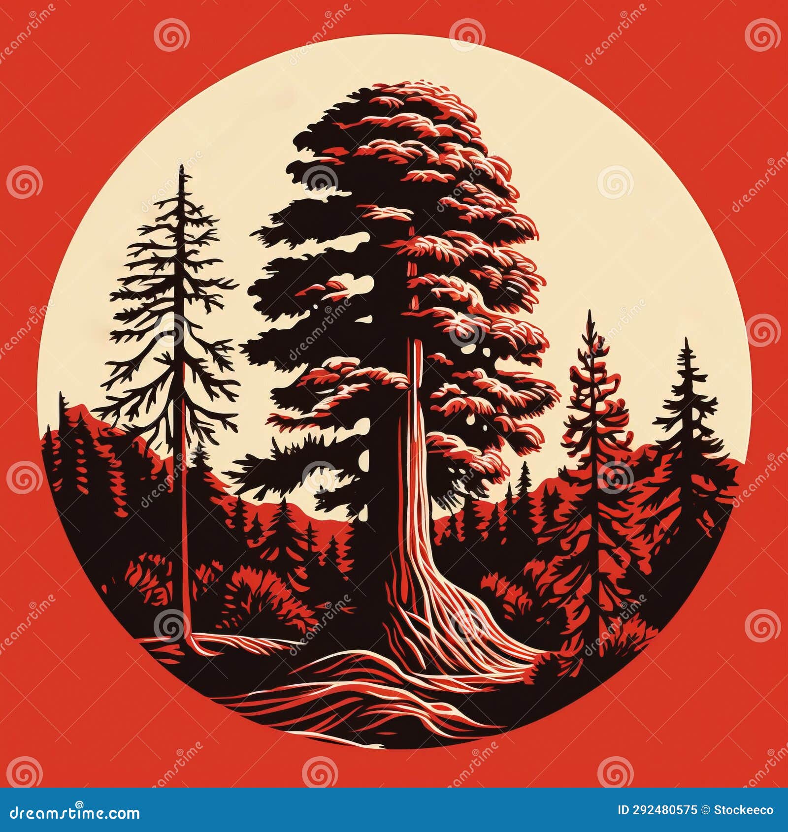 Vintage Graphic Design: Serene Redwood Tree Illustration on Red ...