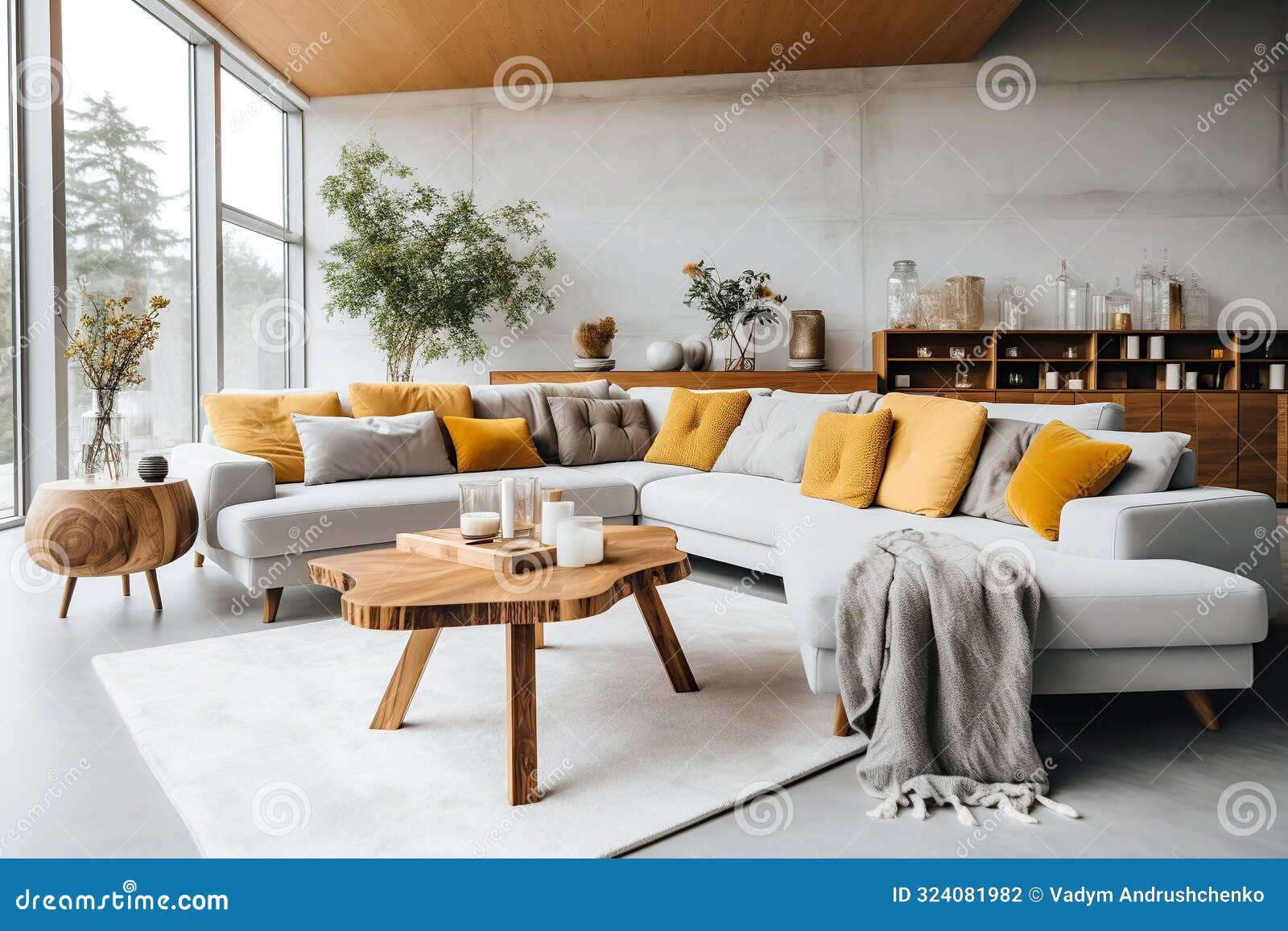 Minimalist Loft Interior Design Of Modern Living Room, Home. Tree Stump ...