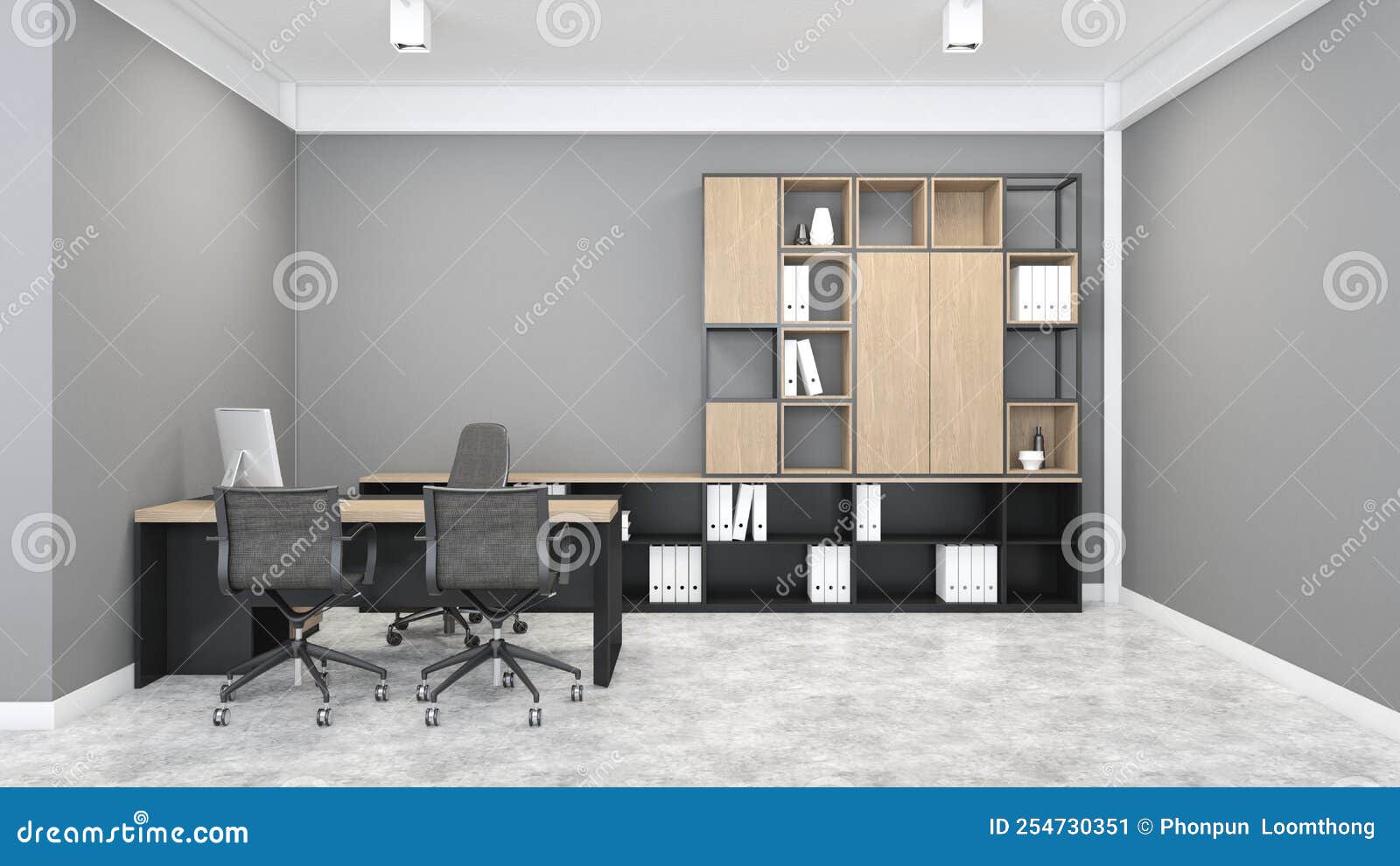 Minimalist Loft Manager Area with Modern Desk and Document Shelf, Gray ...