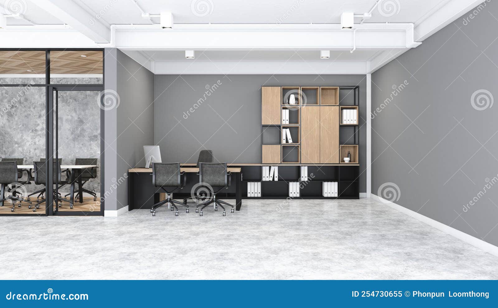 Minimalist Loft Manager Area with Modern Desk and Document Shelf, Gray ...