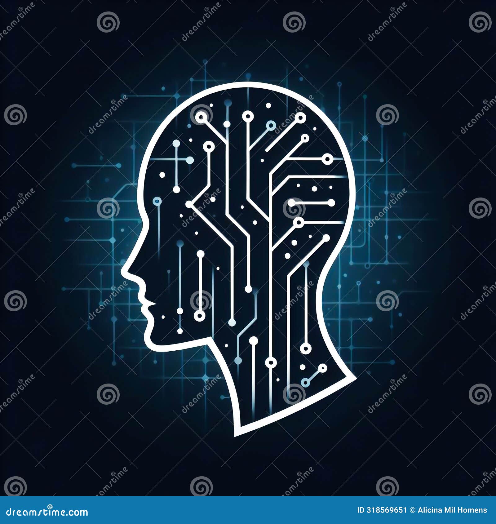 Minimalist Logo Head Silhouette with Digital Brain Connections Stock ...