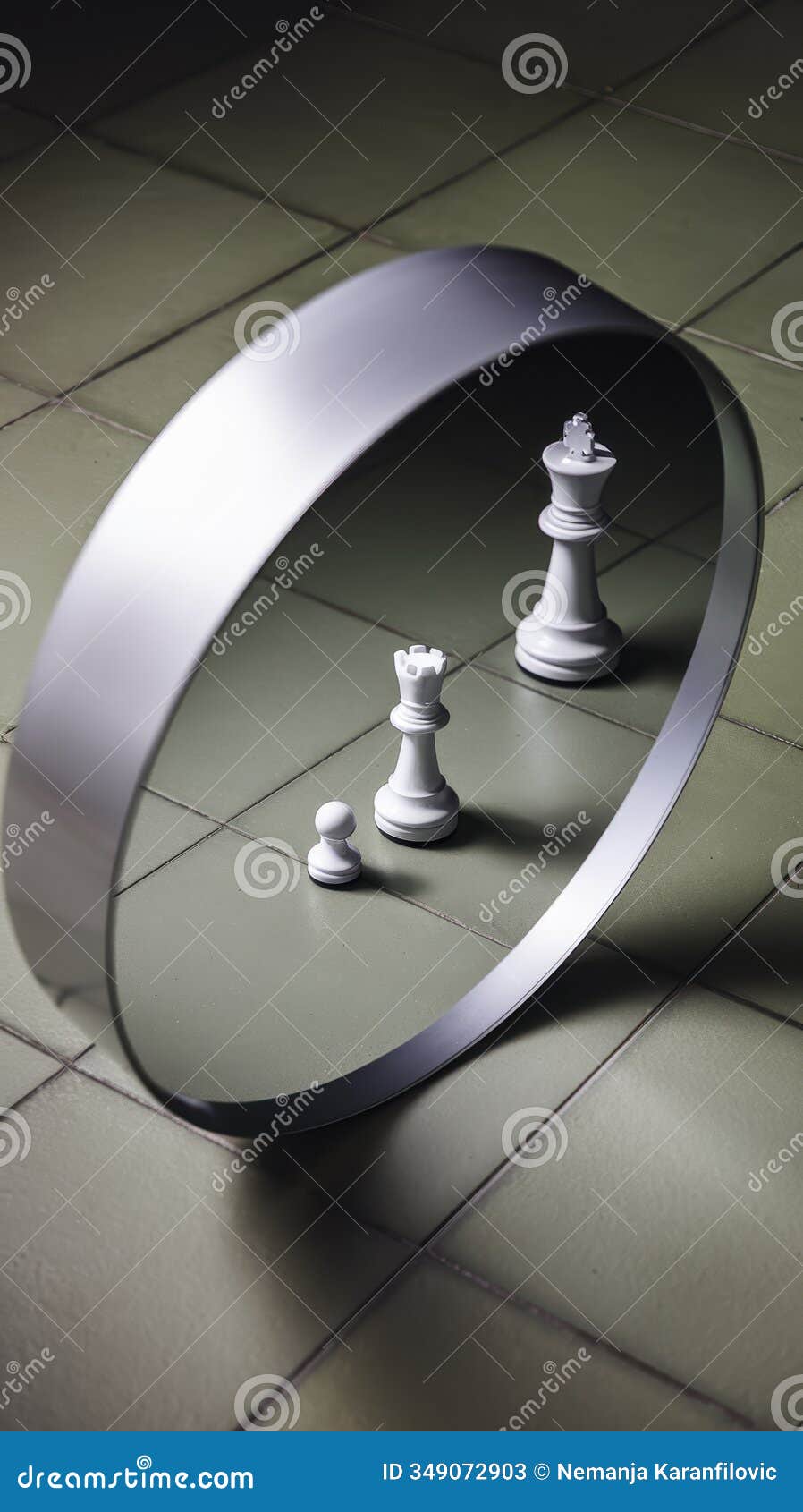 Minimalist Mirror Reflection of Chess Pieces on Tiled Surface Stock ...