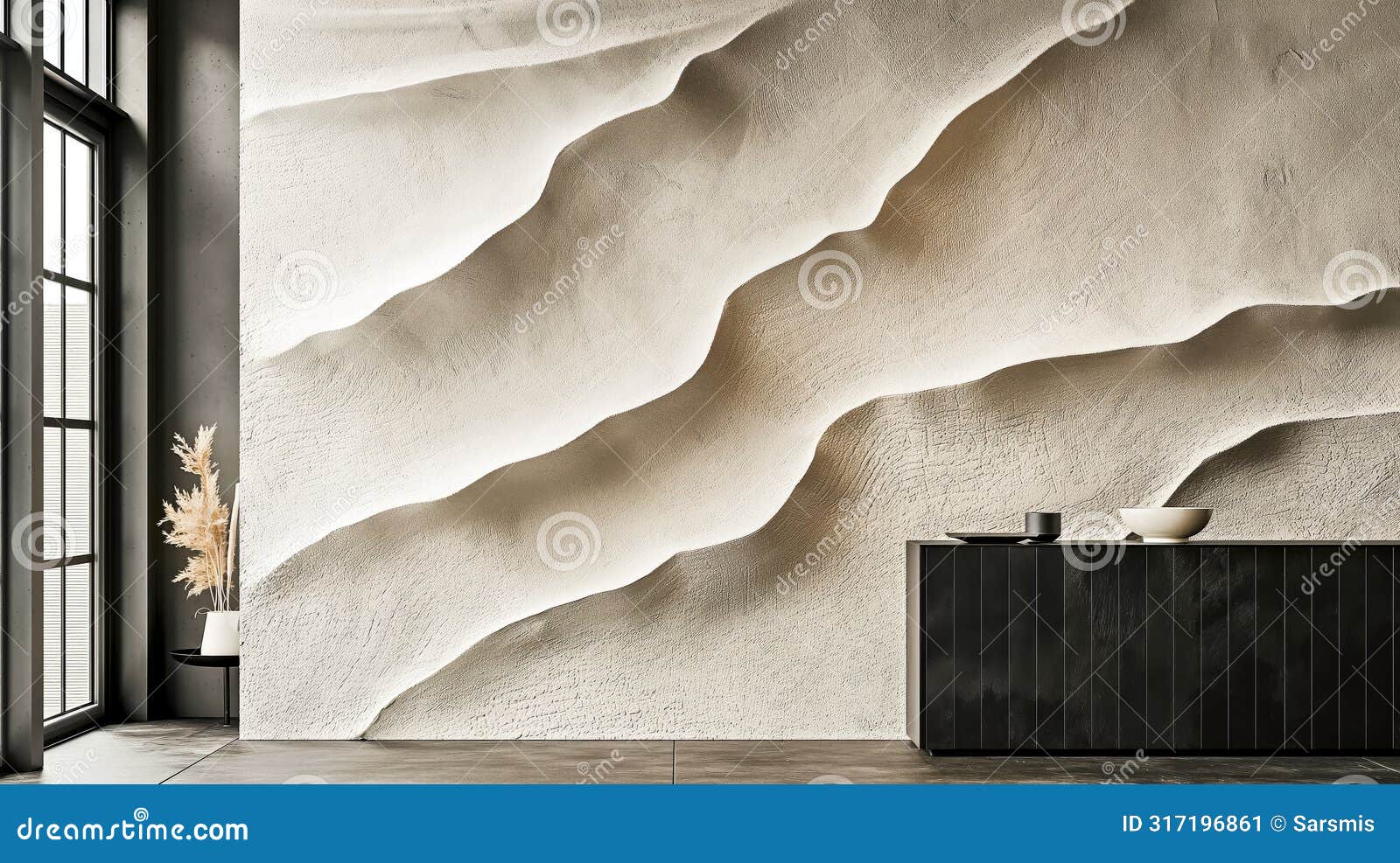 A Minimalist Modern Interior Featuring a Textured Wall with Wavy Sand ...