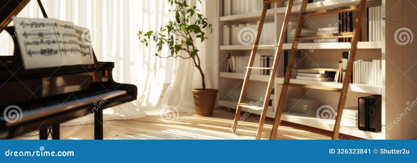 A Minimalist Music Studio Corner Featuring a Ladder Bookshelf with ...