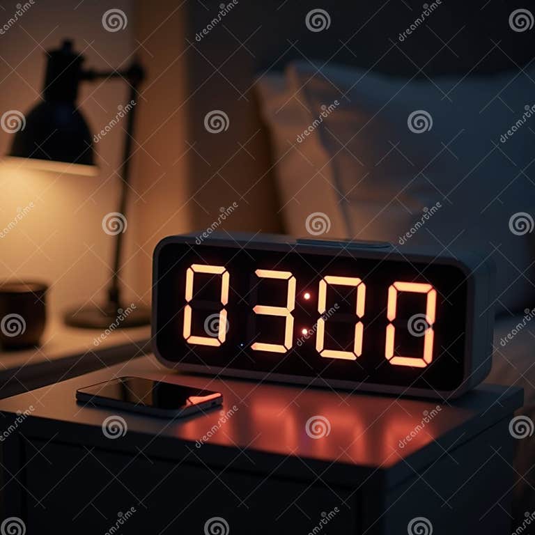 Minimalist Nightstand with Illuminated Digital Clock at 0300 Stock ...