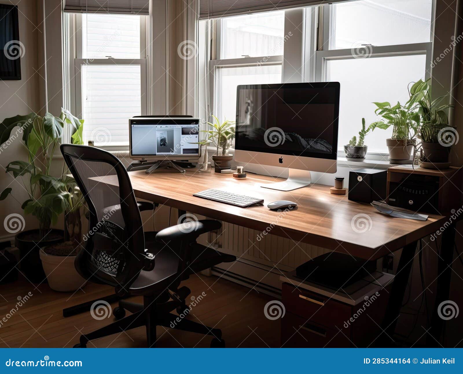 Minimalist Office with Computer and Adjustable Standing Desk Stock ...