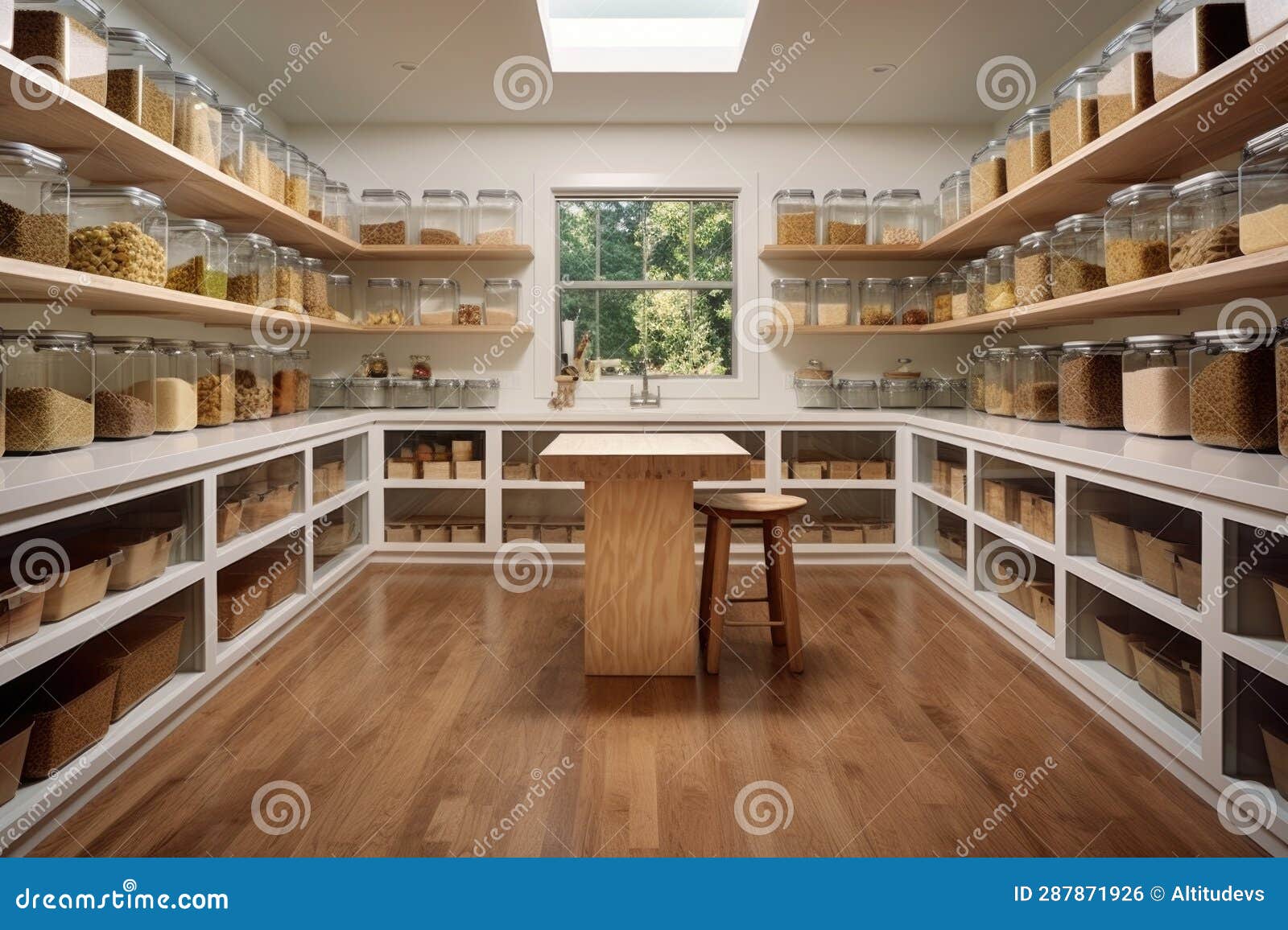 Minimalist Pantry Design with Shelves of Clear Storage Bins Stock ...