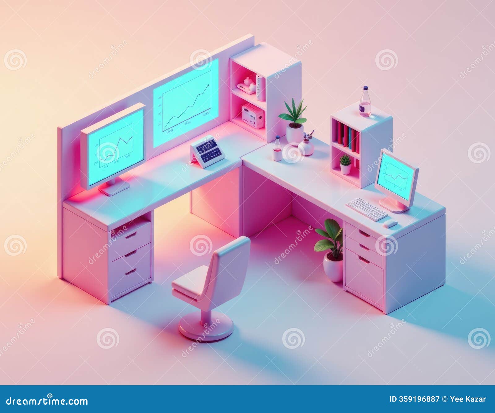 Minimalist Pink Office Desk Setup with Computers and Charts Stock ...