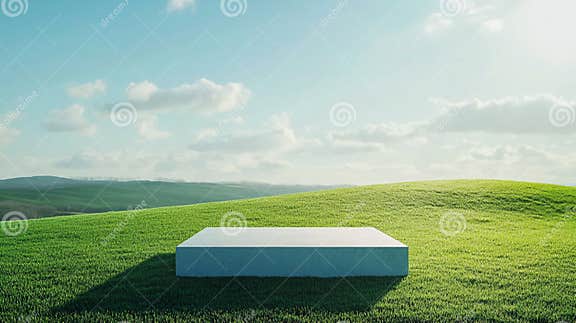 Minimalist Platform on a Green Hillside Under a Bright Blue Sky ...