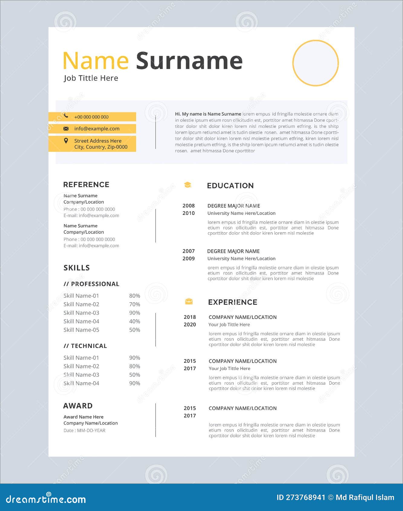 Minimalist Resume Template Design with Yellow Elements, Vector Eps10 ...