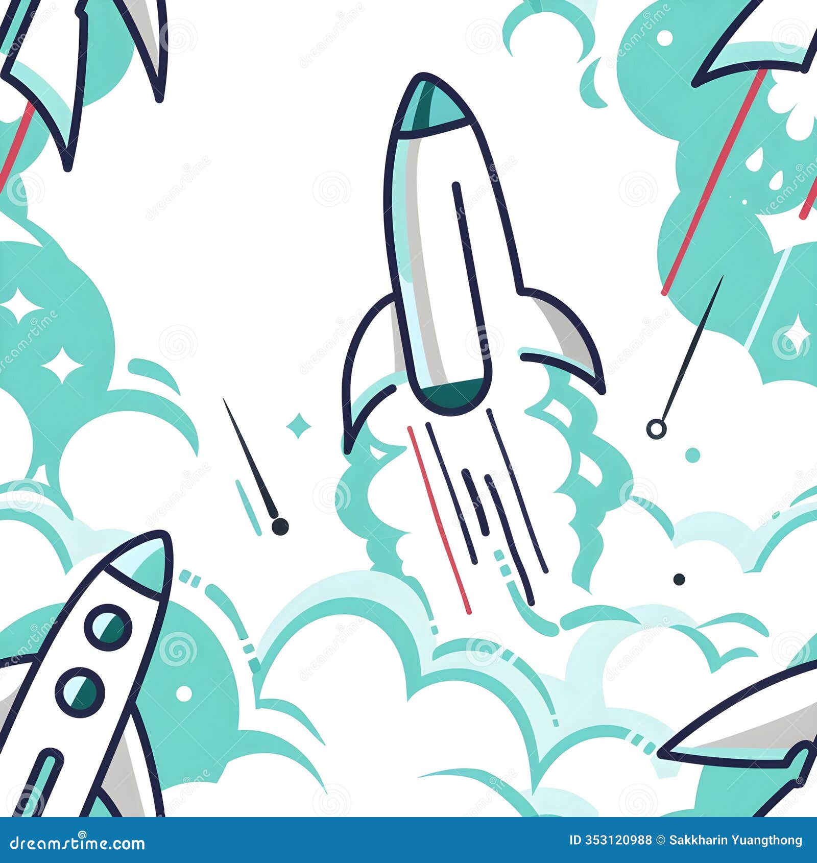 Rocket Sticker Pattern In Turquoise And Dark Blue Background Cartoon ...