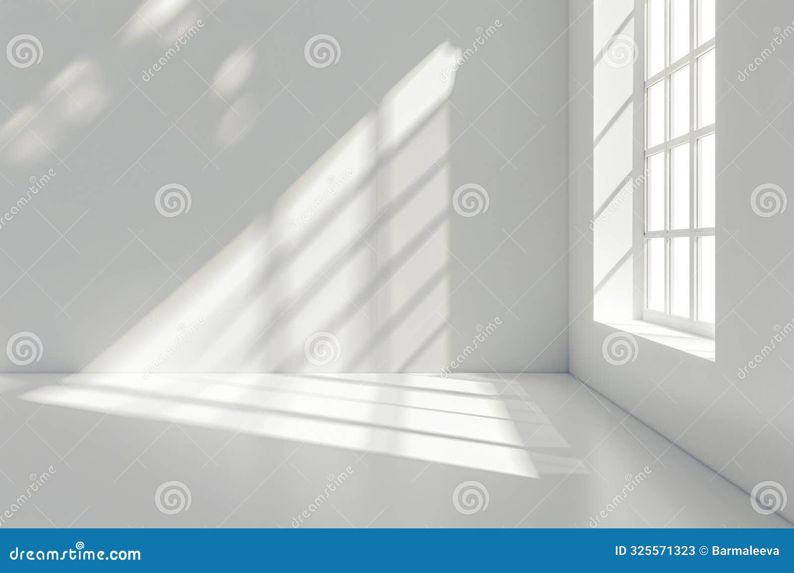Minimalist Room with Large Windows, Sunlight and Shadows on White Walls ...