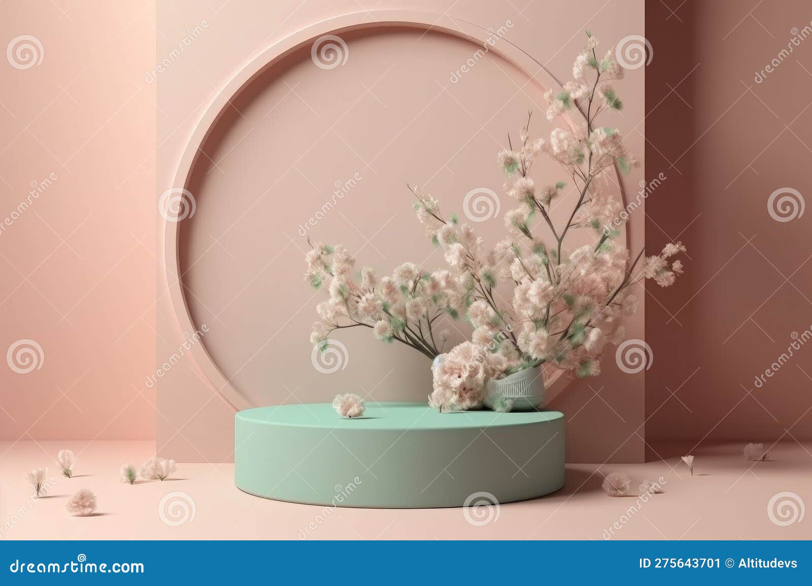 Minimalist Round Podium with Blooming Flowers in Springtime Stock Image ...
