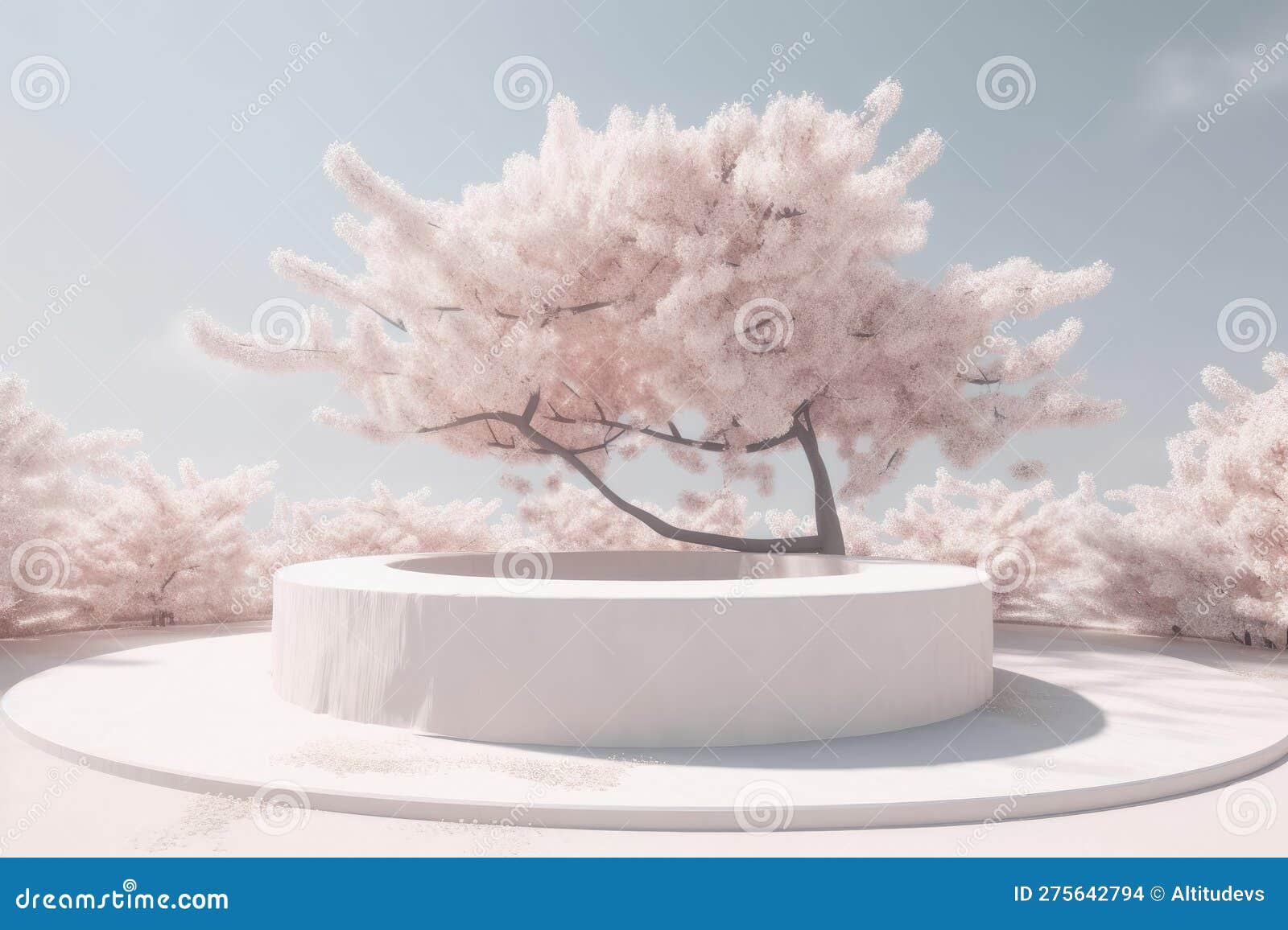 Minimalist Round Podium Surrounded by Blooming Cherry Trees in ...