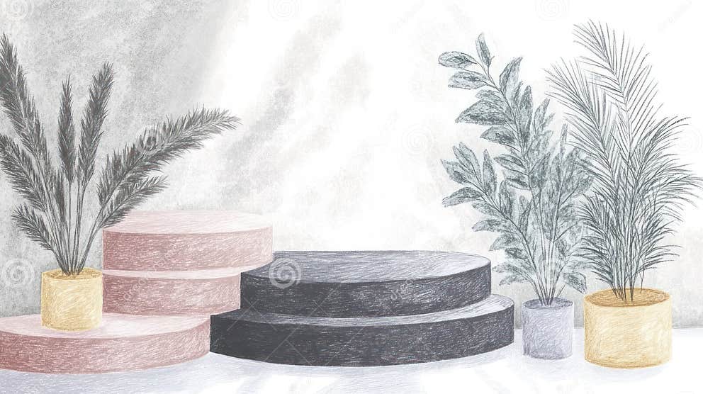 A Minimalist Setting with Circular Platforms and Decorative Plants for ...