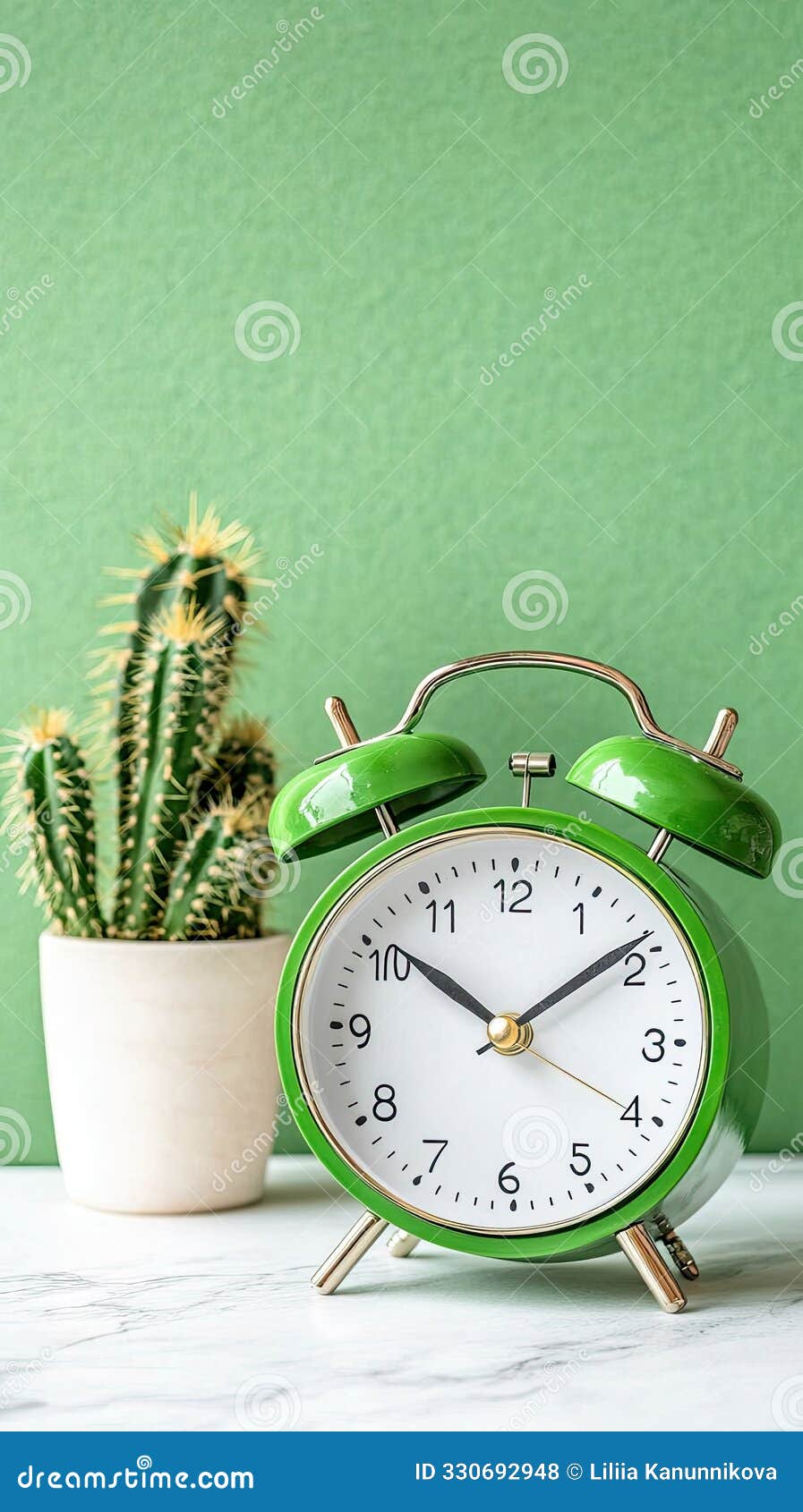 A Minimalist Setting Shows an Alarm Clock and a Cactus on a White Table ...