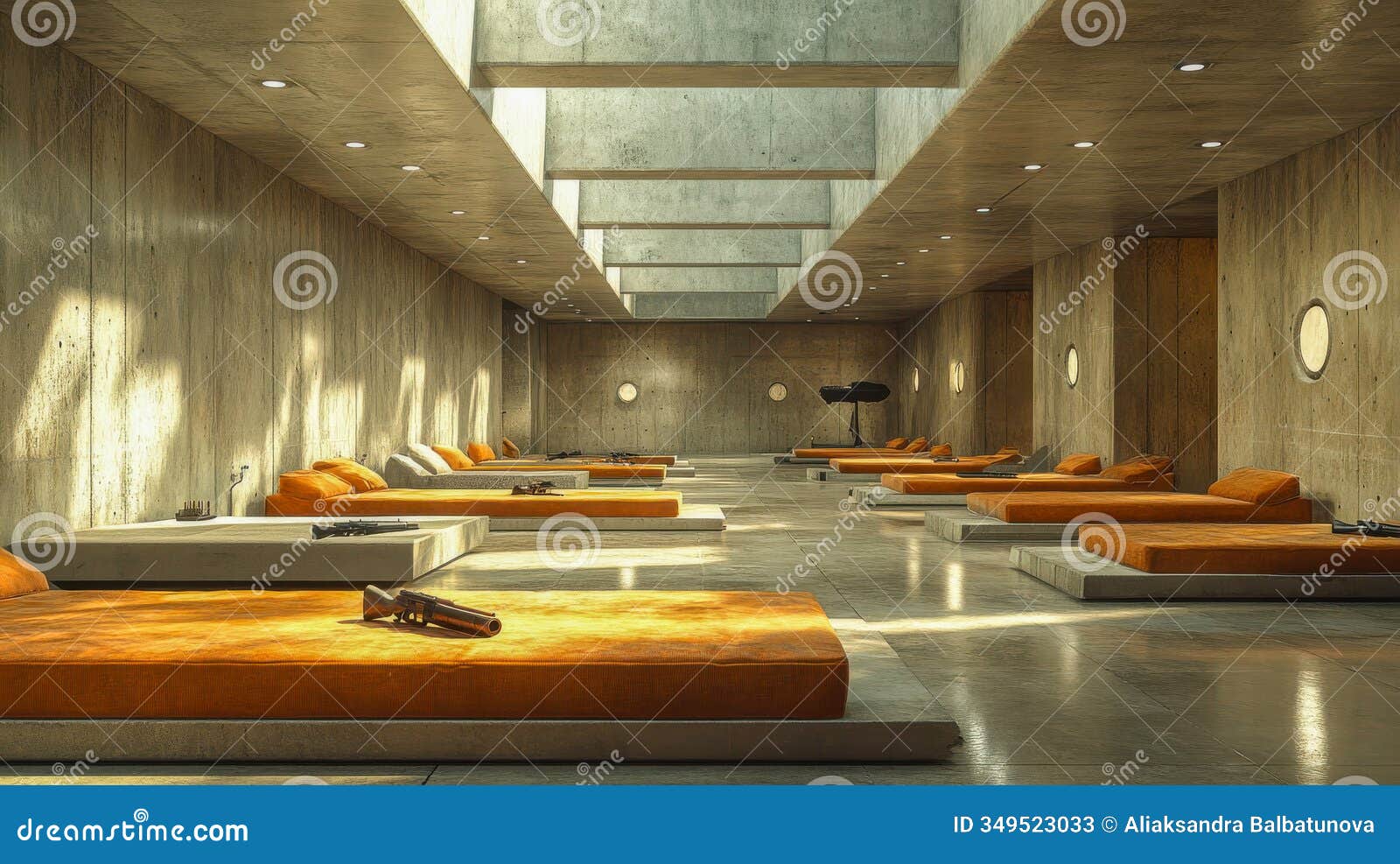 Minimalist Shooting Range with Orange Seating in a Concrete Interior ...