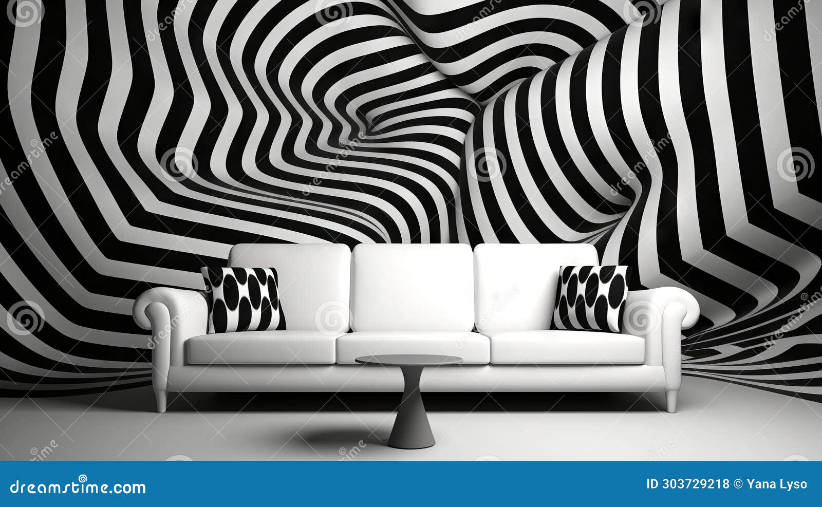 Minimalist Sofa in Front of a Bold, Vortex-like Striped Wall. Optical ...