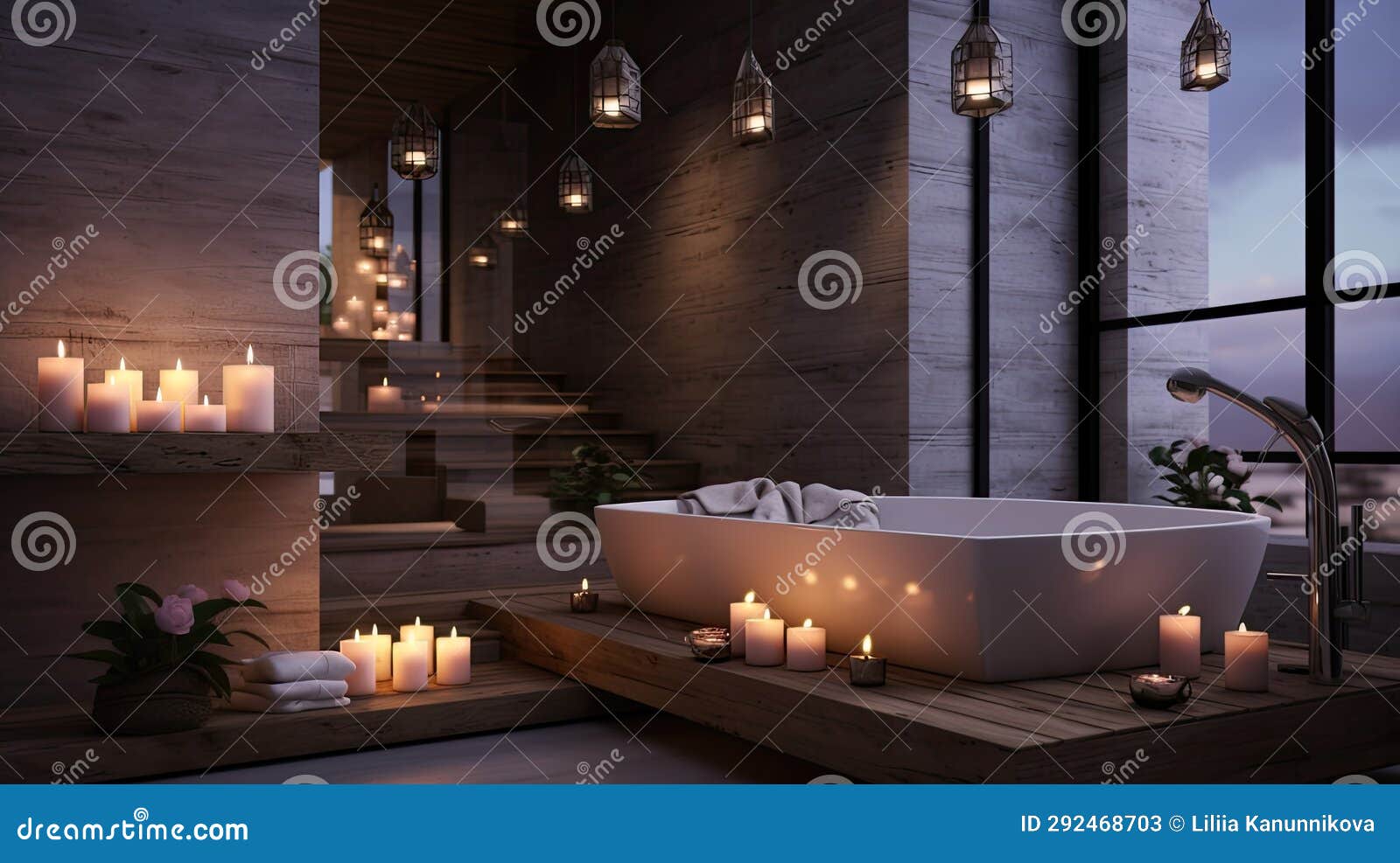 A Minimalist Spa or Bathroom Setting with Candles Placed Strategically ...