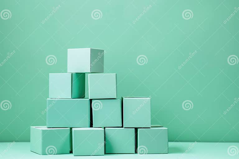 Minimalist Stack of Empty Light Green Boxes on Turquoise Background for ...