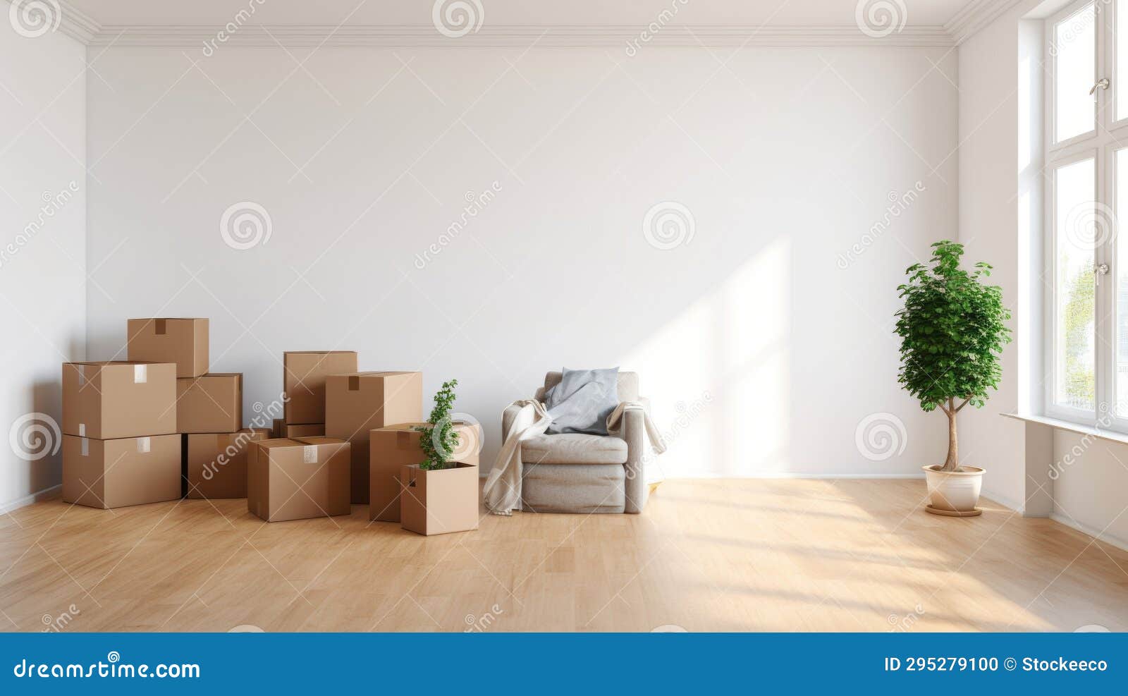 Minimalist Staging: Moving Boxes and Chairs in Room with Window Stock ...