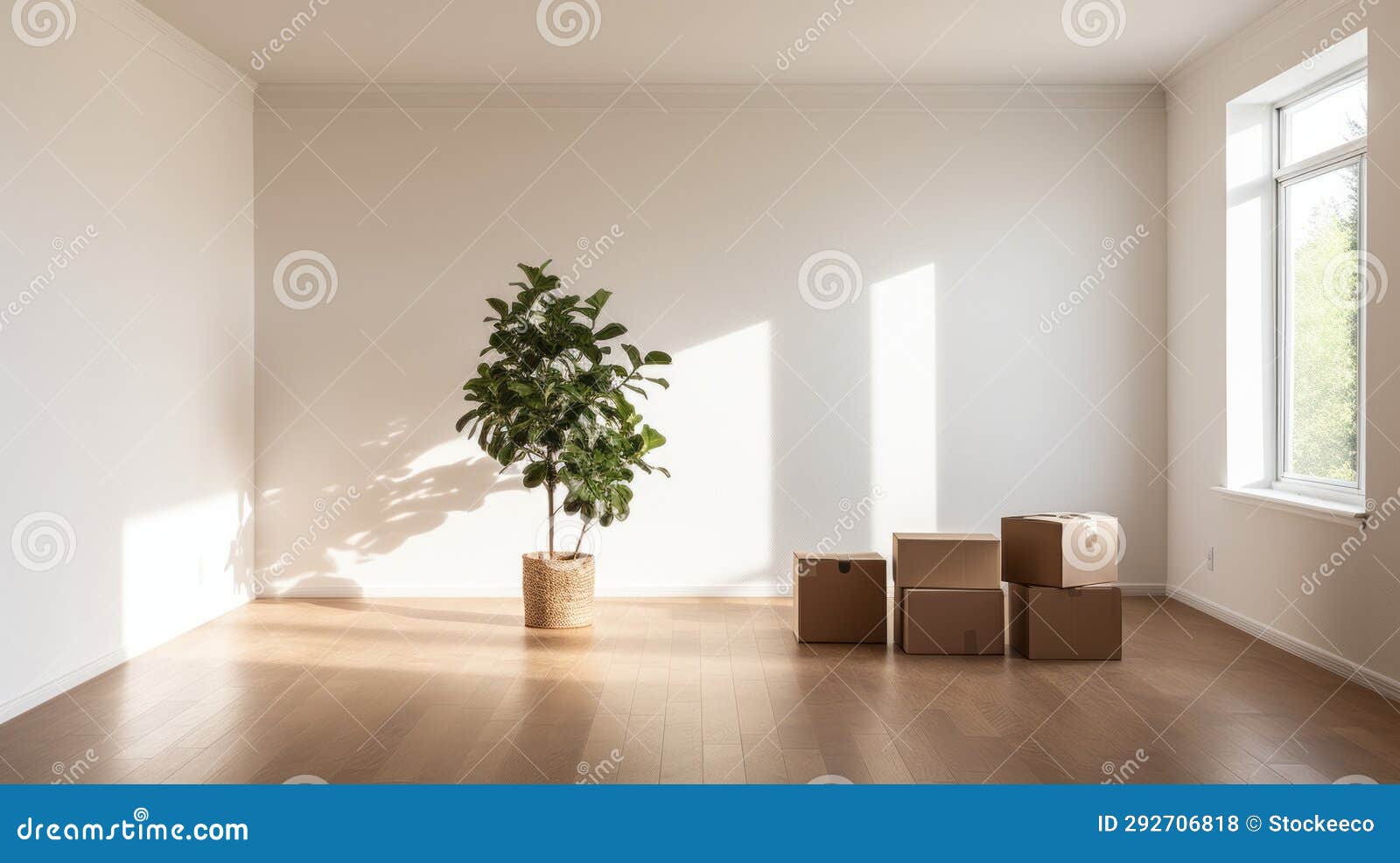 Minimalist Staging: Tranquil Empty Room with Boxes and Tree Stock ...