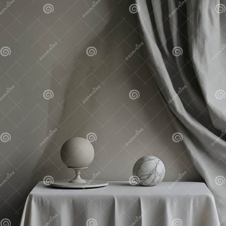 Minimalist Still Life with Marble and Matte Spheres on Table Stock ...