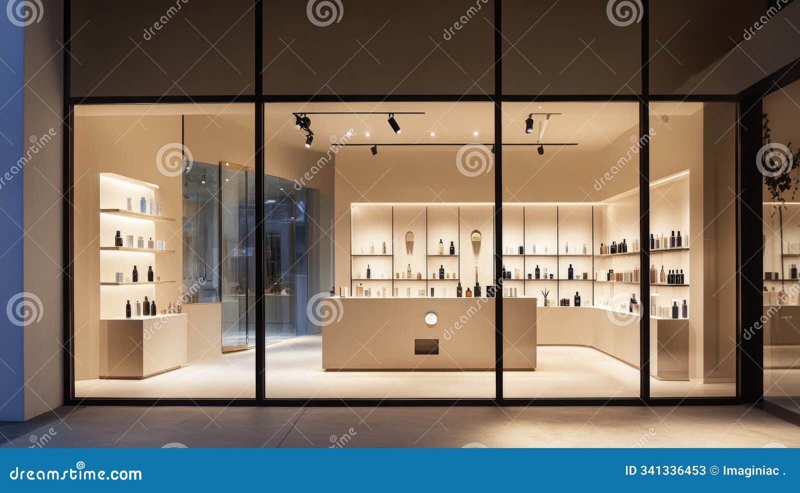Minimalist Store Interior with Product Displays and White Counter Stock ...
