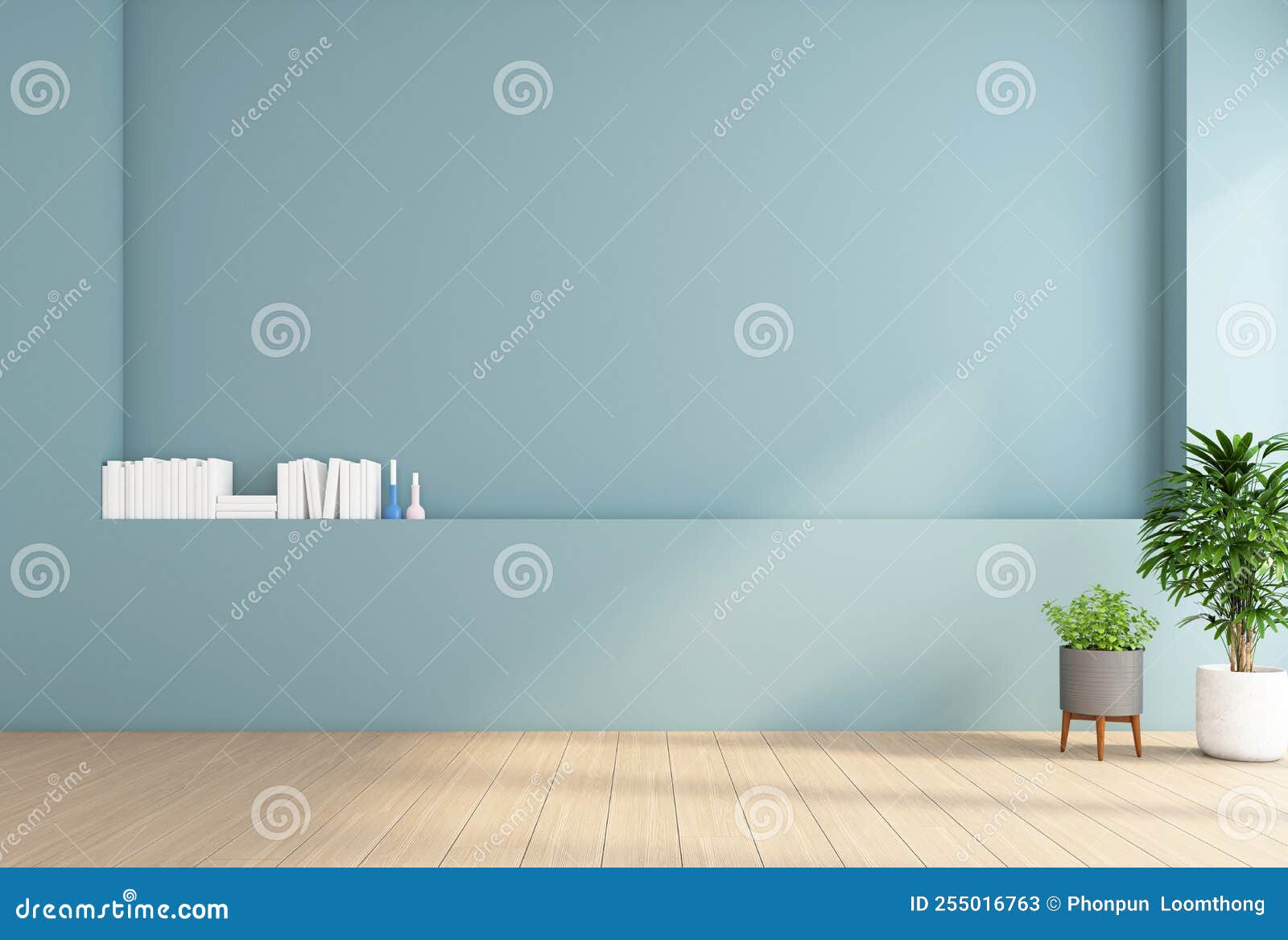 Minimalist Style Empty Room with Light Blue Wall and Wood Floor. 3d ...