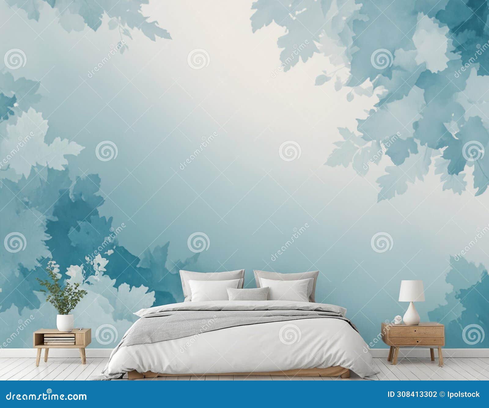 Minimalist Stylized Bedroom with Abstract Nature Wall Paint Stock ...