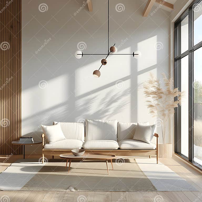 Minimalist Sunlit Living Space with Streamlined Sofa and Geometric ... Minimalist Sunlit Living Space with Streamlined Sofa and Geometric ...