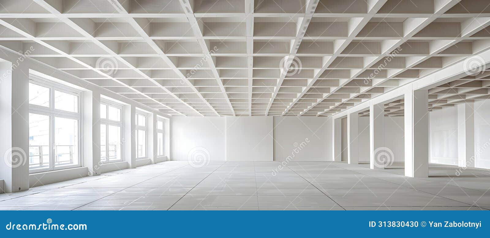 Minimalist Symphony: White Grid Ceiling in a Spacious Interior. Concept ...