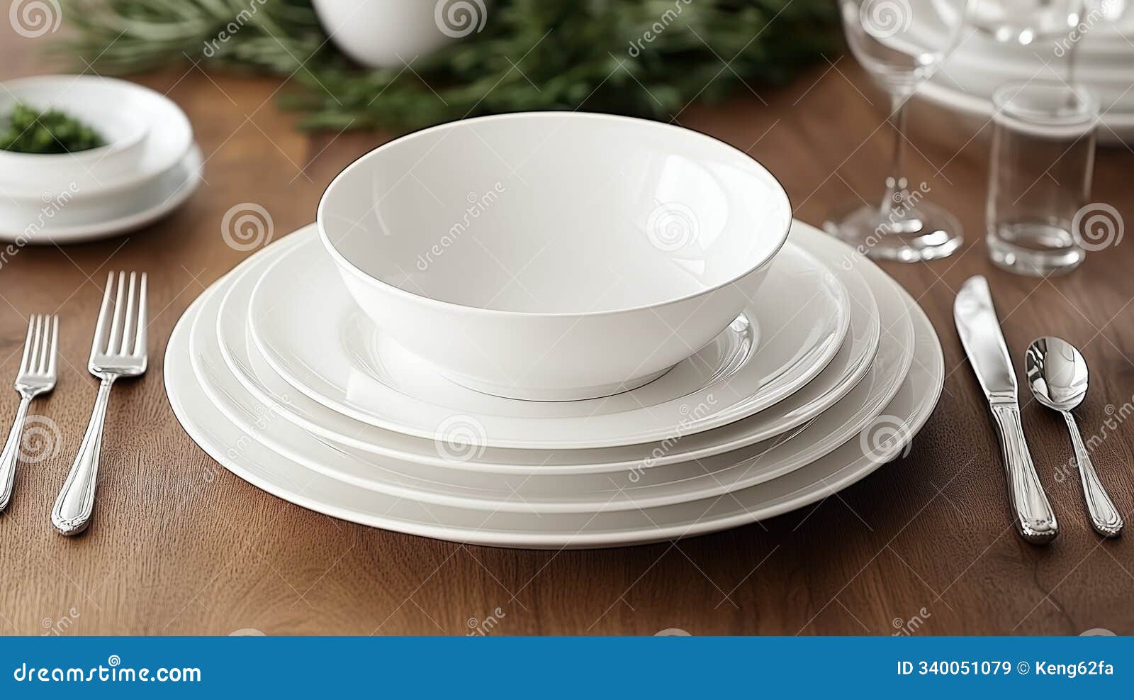 Minimalist Table Setting with White Dinnerware and Cutlery Stock ...