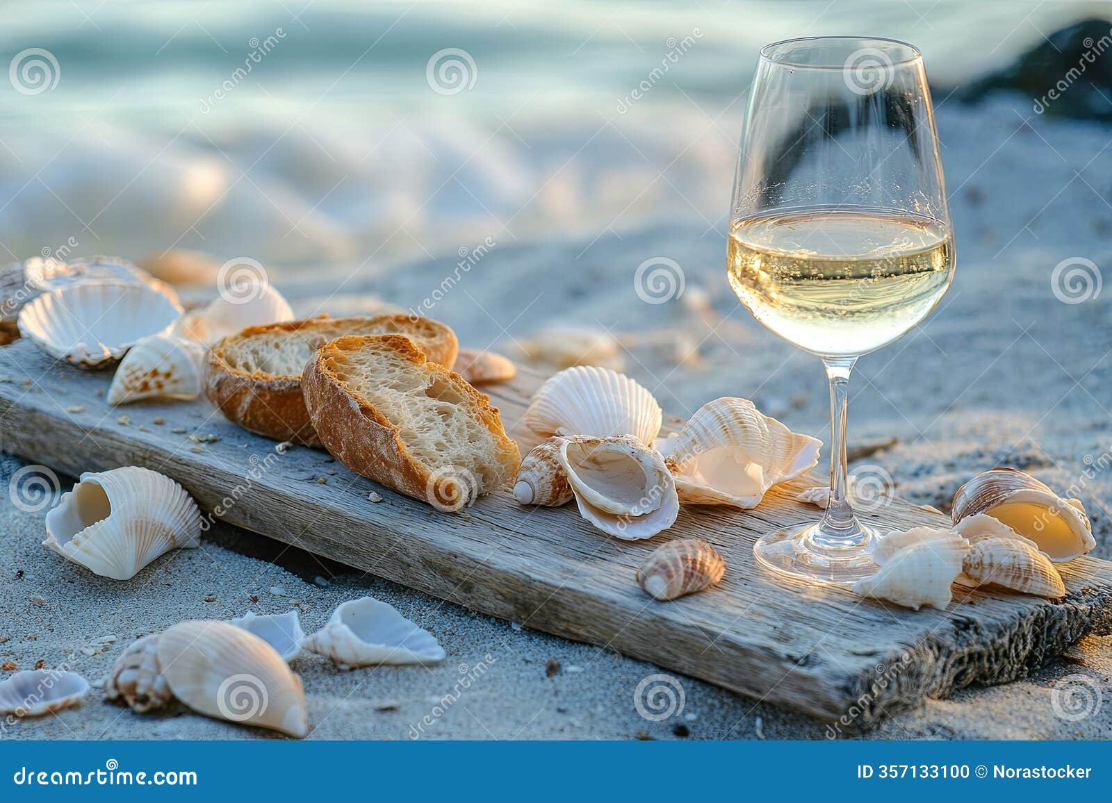 A Minimalist Table Setup with Seashells, Bread, and a Glass of Wine on ...