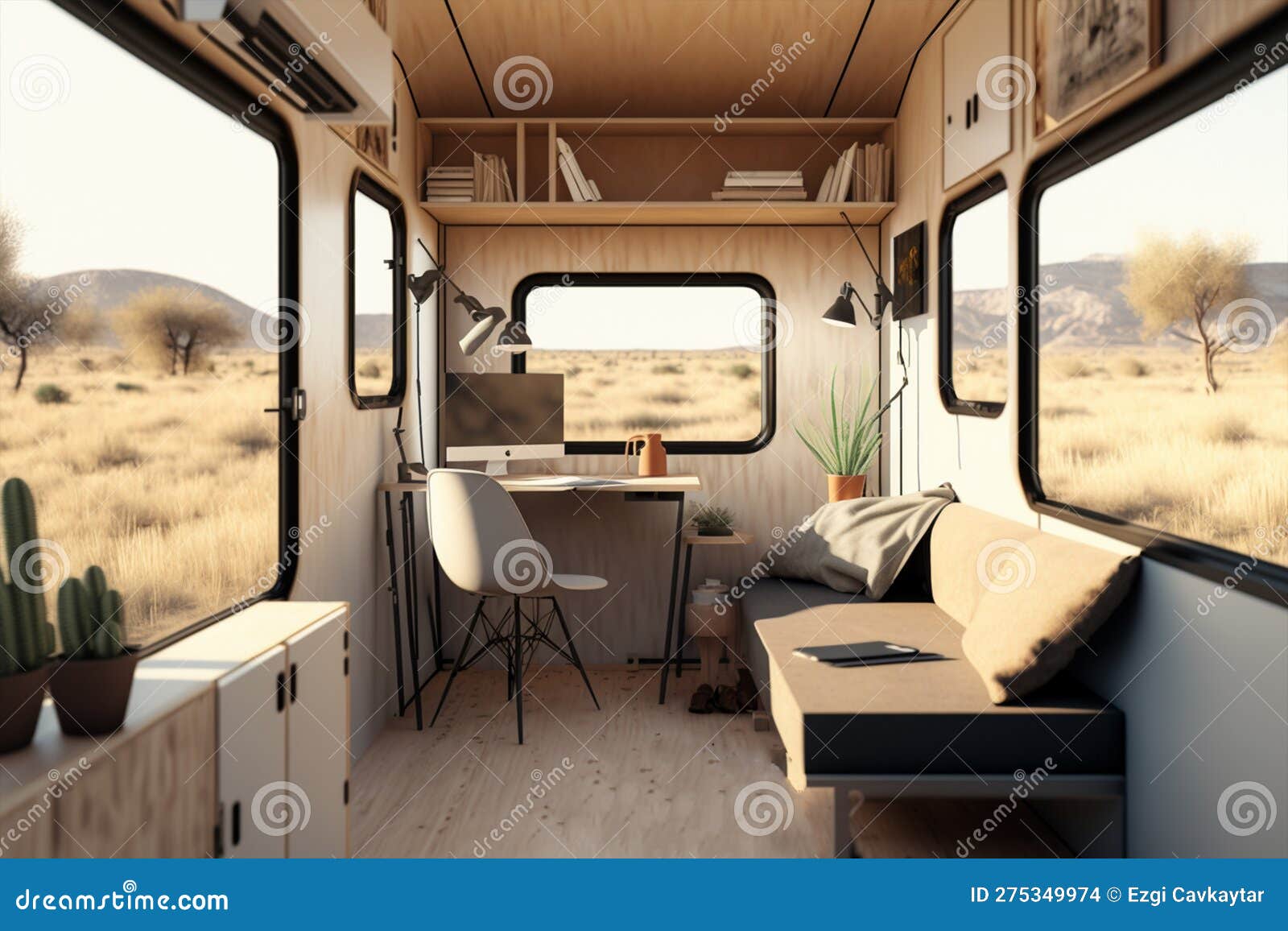 Minimalist Tiny House on Wheels Bedroom Interior Design, Copy Space Stock Illustration ...