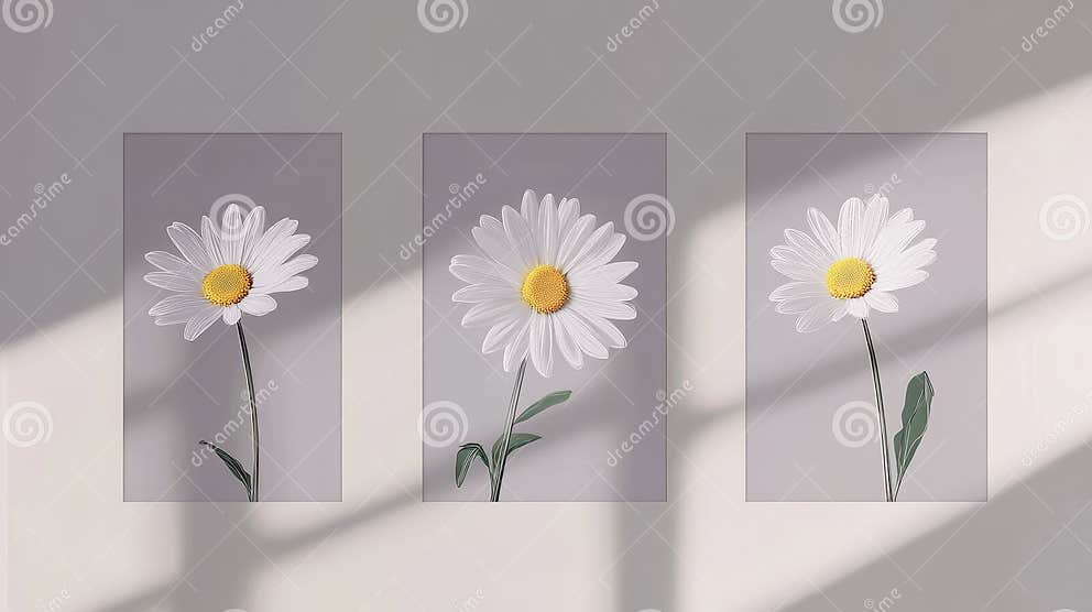 Minimalist Triptych of Daisies with Soft Shadows on Neutral Background ...