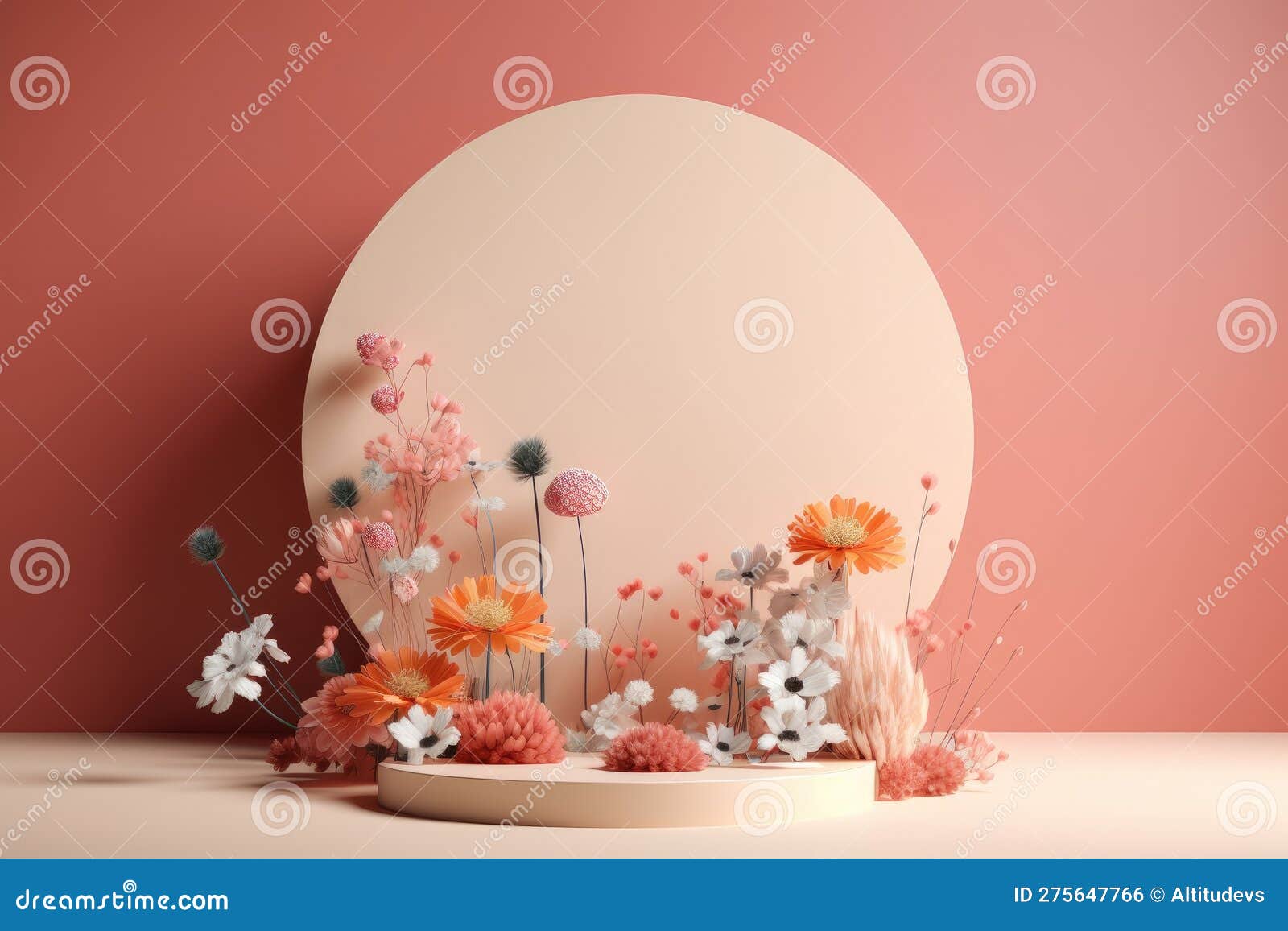 Minimalist Wallpaper with Springtime Flowers on a Round Podium Stock ...