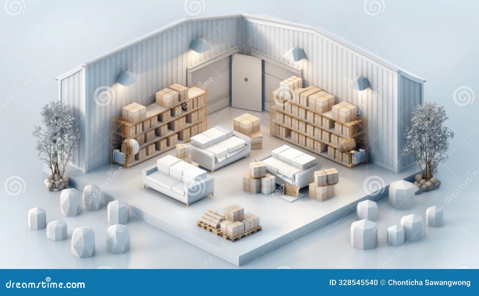 Minimalist Warehouse Interior with Shelves, Boxes, and Storage Units ...