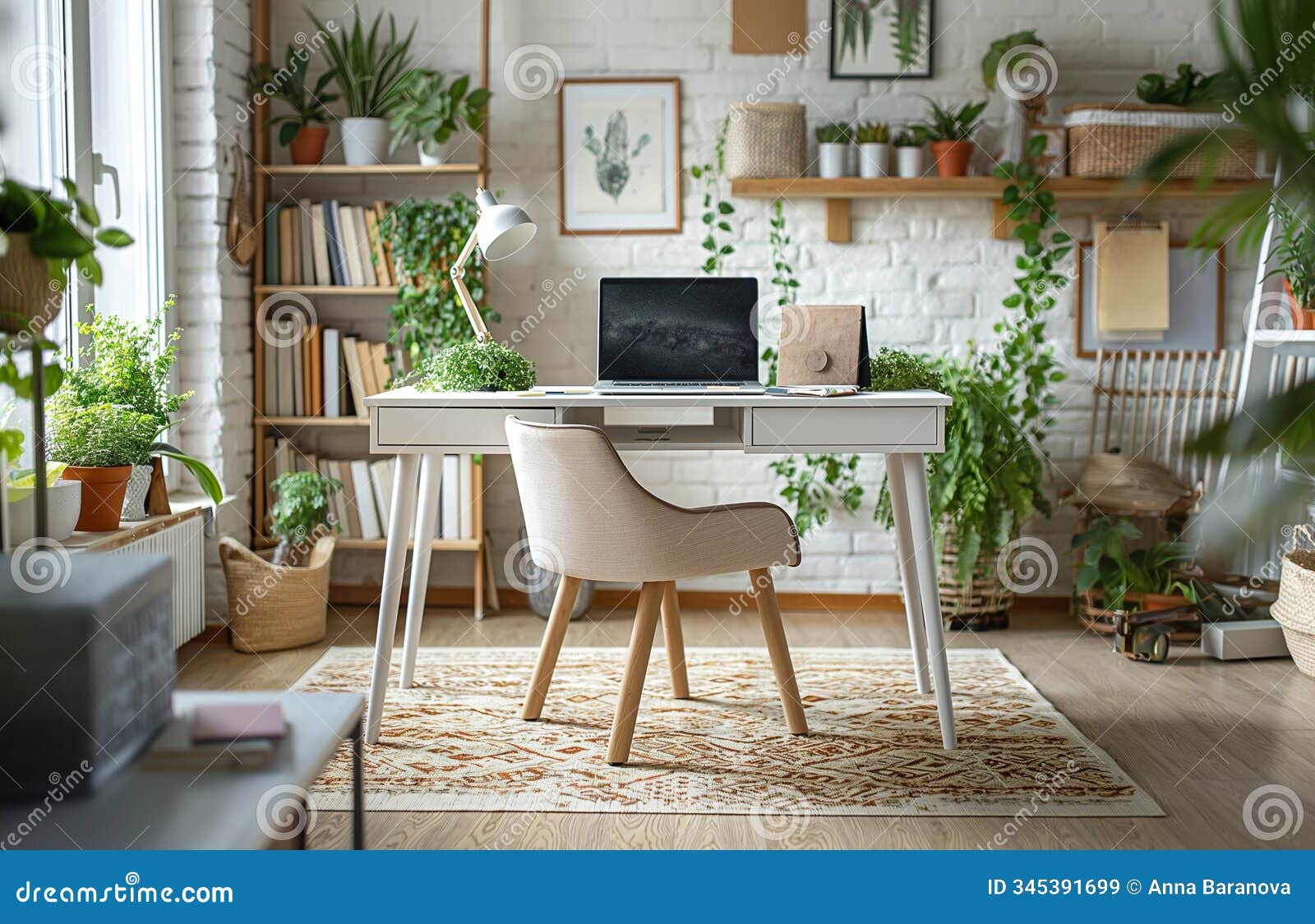 Minimalist White Desk with Laptop Computer Standing in Home Office ...