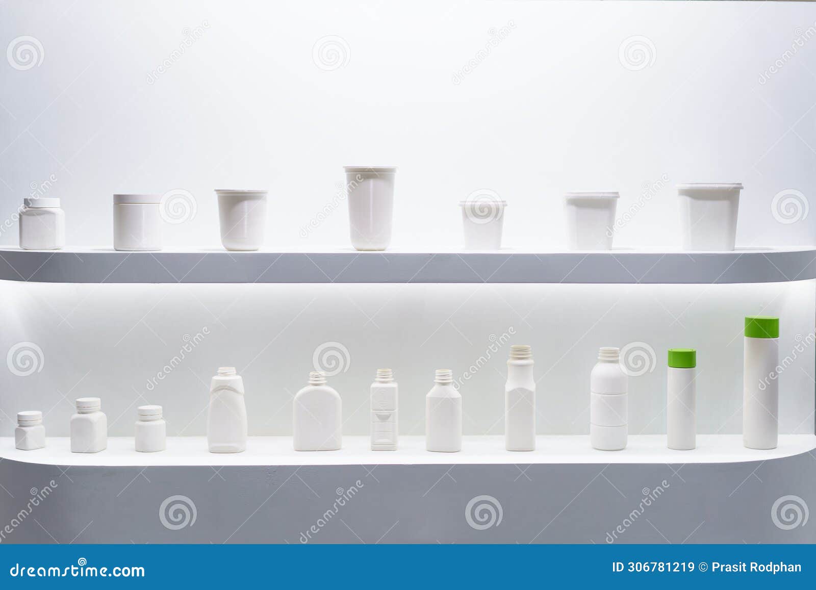 Minimalist White Packaging Collection on Shelves Stock Image - Image of ...