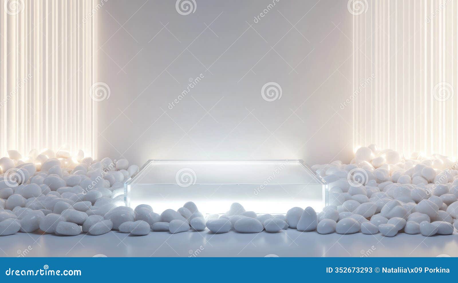 Minimalist White Pebbles and Illuminated Platform in Soft Ambient Light ...
