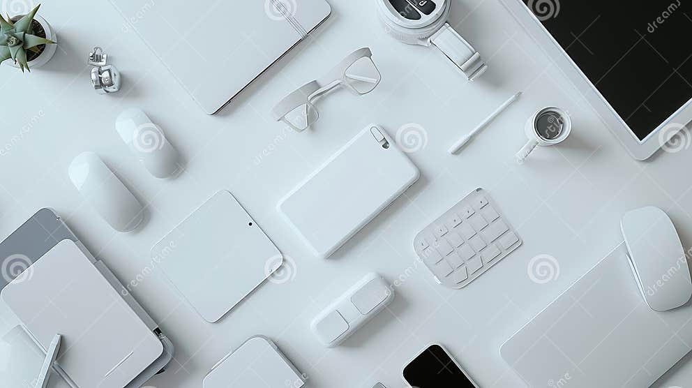 Minimalist White Tech Workspace a Flat Lay Showcasing a Clean and ...