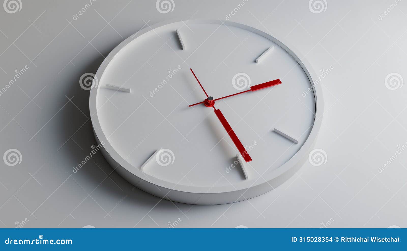 Minimalist White Wall Clock with Red Hands on a Grey Background Stock ...