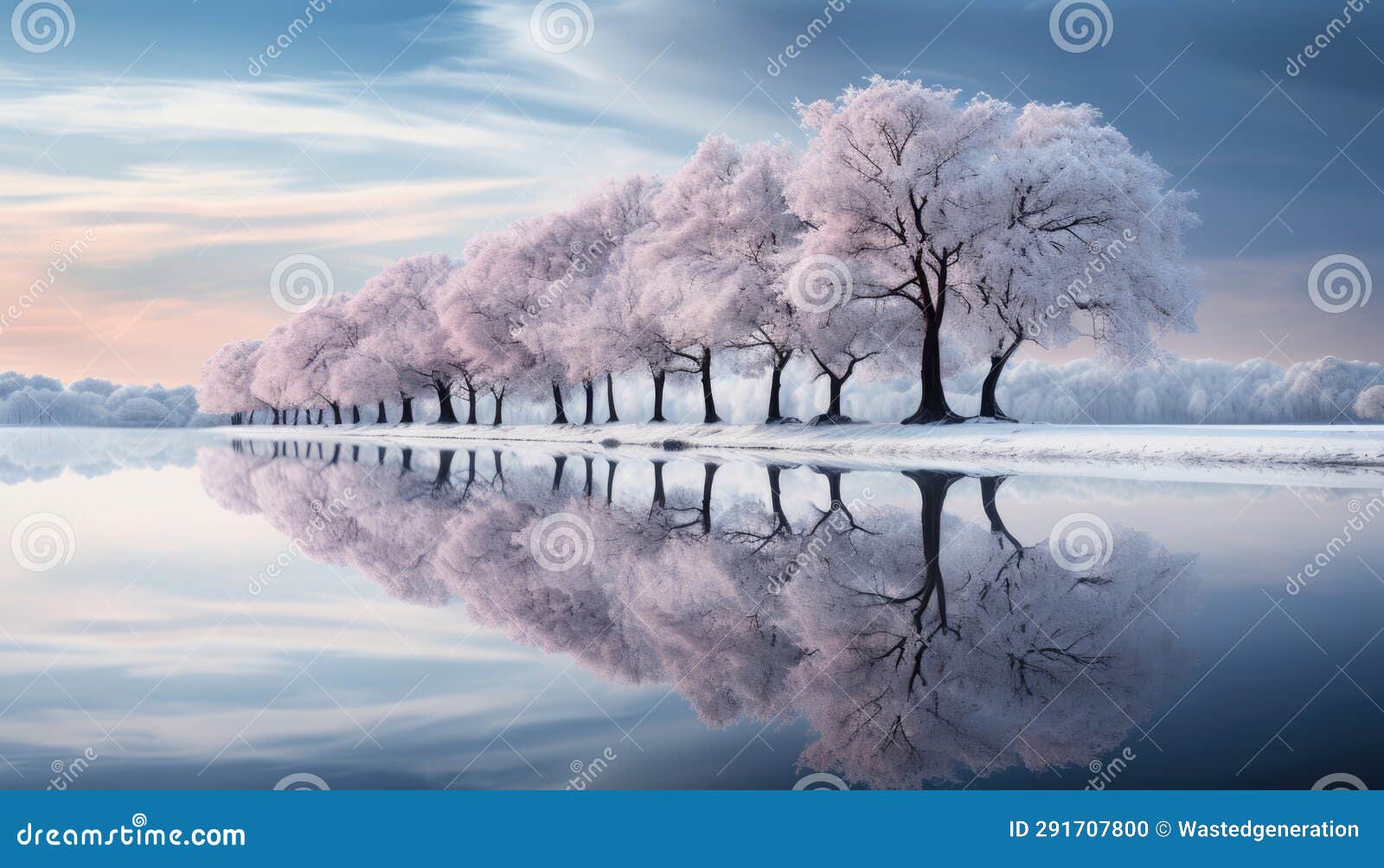 Minimalist Winter Trees Mirrored in a Serene Lake Reflection Stock ...