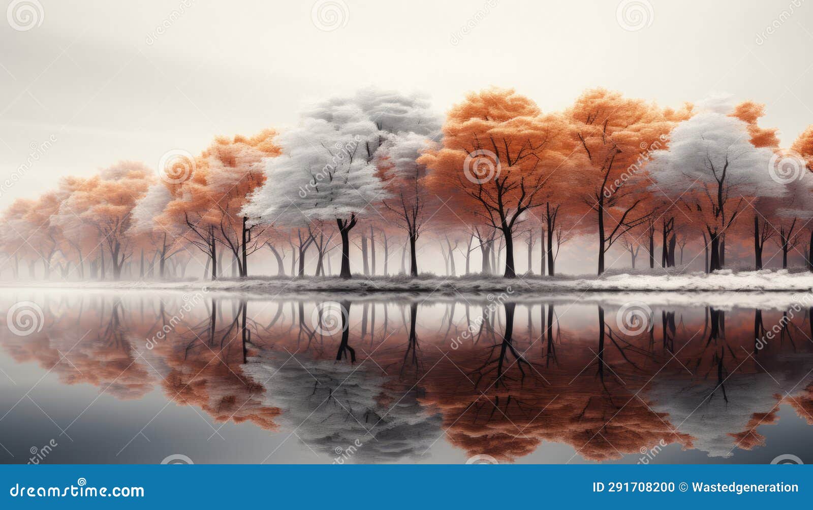 Minimalist Winter Trees Mirrored in a Serene Lake Reflection Stock ...