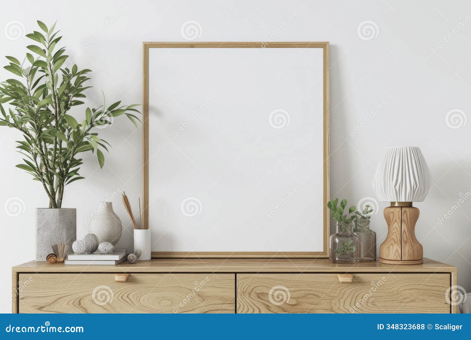 Minimalist Wooden Frame with Plants and Decorative Objects on a Wooden ...